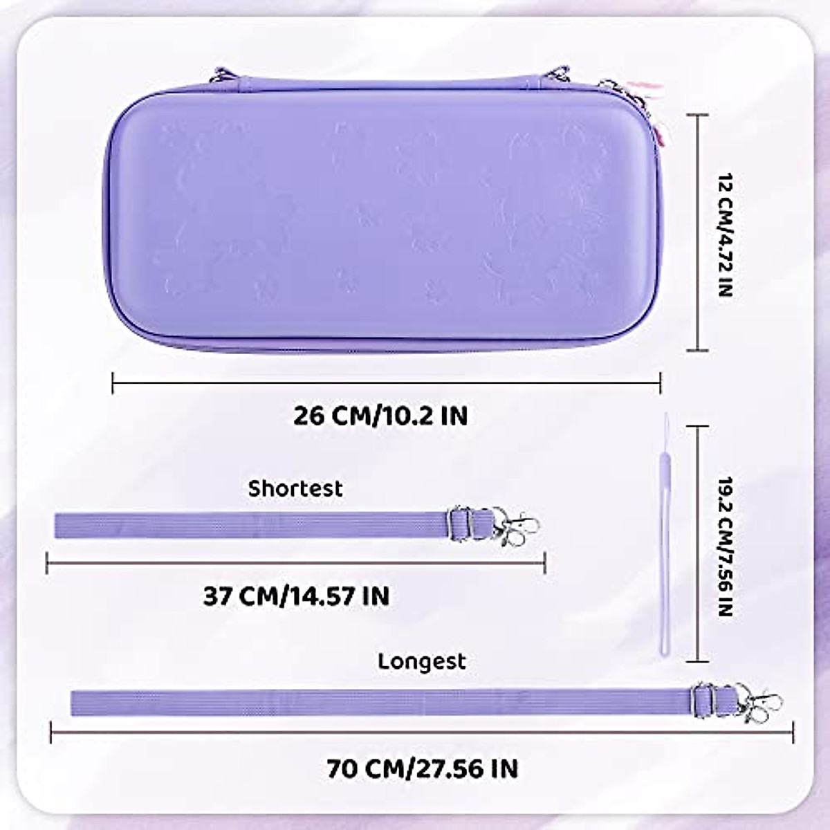 RHOTALL Solid Color with Sakura Embossing Carrying Case for Nintendo Switch OLED, Potable Case for Switch OLED with Soft Case, Screen Protector, 4 Thumb Caps, Wrist band and Shoulder strap - Purple