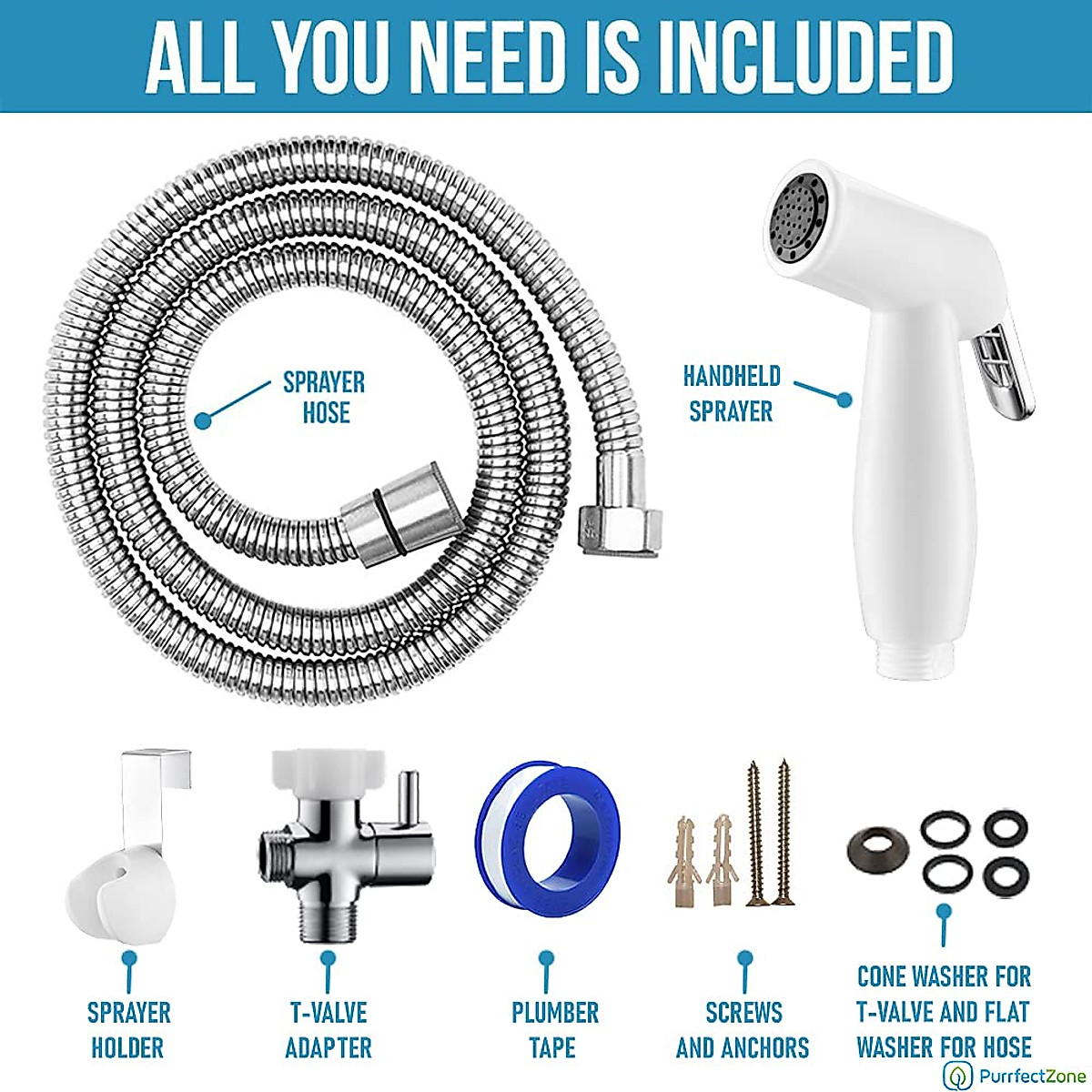 Purrfectzone Bundle of Two Complete Bidet Kits - White Bidet and Stainless Steel Bidet Sprayer for Toilet Sets, Two Kits Bundle