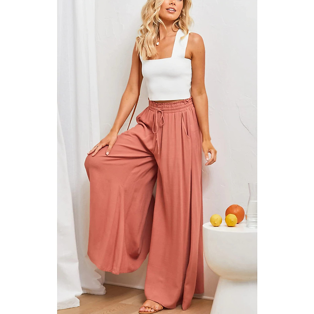 Wanzetaly Women's 2023 Fashion Casual Wide Leg Pants Elastic High Waisted Palazzo Pants with Pockets(0084-Orange-XL)
