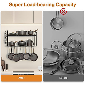 LADER 30Inch Wall Mounted Pot Rack, 2 Tiers Pots and Pans Organizer for Kitchen Organization & Storage, Large Size Black Hanging Pot rack, Wall Shelf with 5 connect Hooks