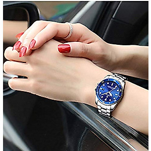MASTOP Couple Watches Classic Golden Stainless Steel Watch His and Hers Waterproof Quartz Watch (Silver Blue)