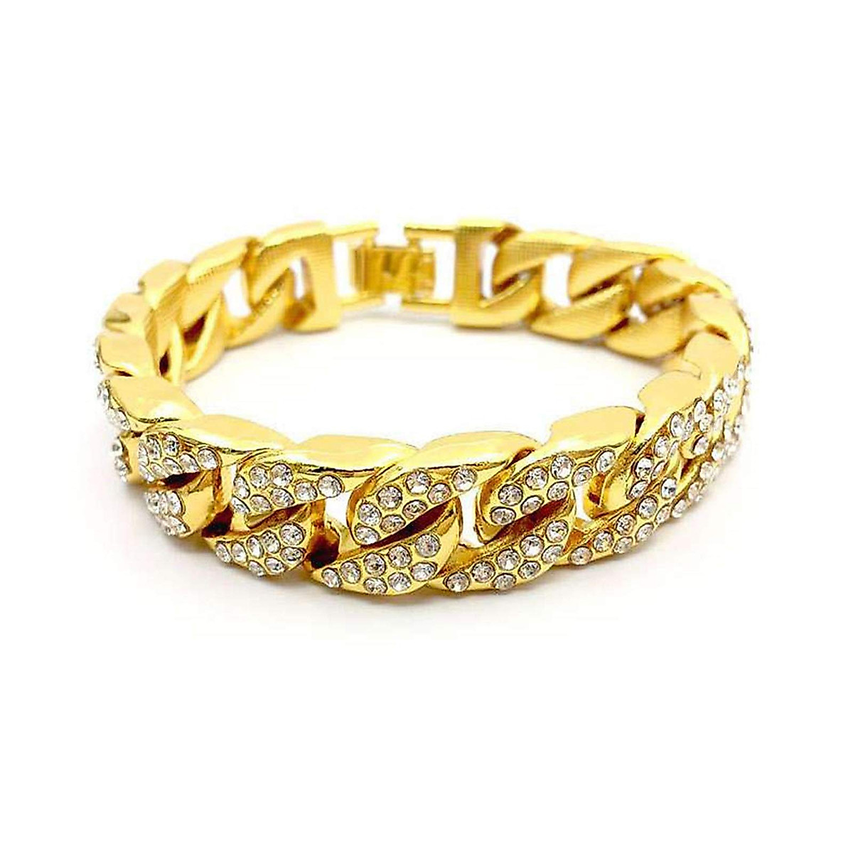 Aiyo Nice Mens Womens Cuban Link Bracelet Hip Hop Bracelet Gold Chain Bracelet Iced Out Curb Cuban 18k Gold Plated Bracelet With Clear Rhinestones (A-Gold-7.79in)