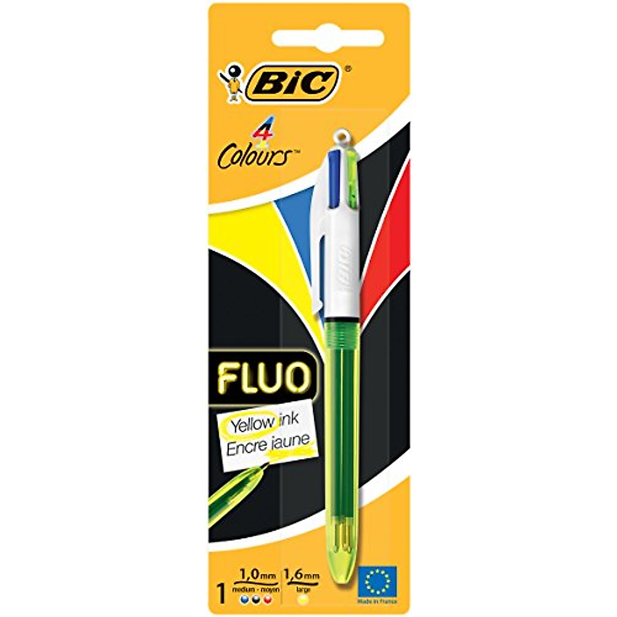 BIC 4 Colours Fluo Ballpoint Pen Black, Blue, Red and Fluorescent Yellow Ink Colours 1 Pack