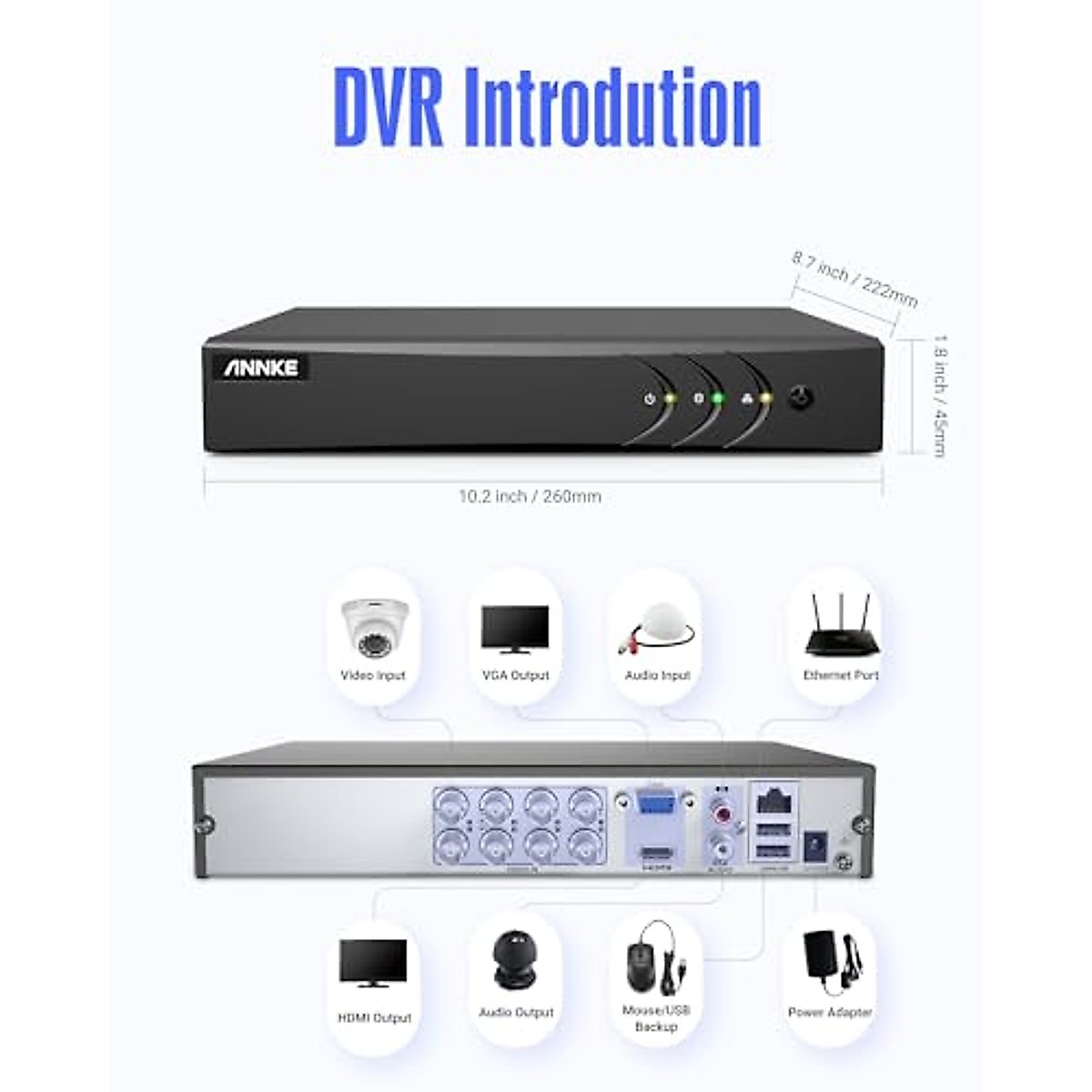 ANNKE 3K Lite 8CH 5-in-1 Security DVR Recorder with 1TB Hard Drive, H.265+ Hybrid Surveillance DVR, Supports 8CH Analog and 2 IP Cameras for 24/7 Home CCTV, AI Motion Detection (Cameras Not Included)