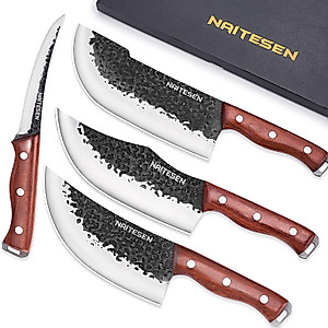 Naitesen Butcher Knife Set 4, Hand Forged Serbian Kitchen Chef Knife Meat Cleaver Breaking Knife Boning Knife Hand Forged Very Sharp for Meat Cutting Home Kitchen Cooking BBQ
