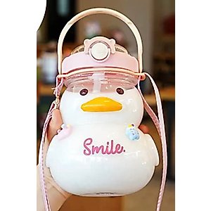 Duck-Shape school Water Bottle with Straw, Funny theme kids Drinking Bottle with One Click Open Lid, BPA Free Cute Water Bottles for Girls boys, School, picnics Outdoors (Pink)