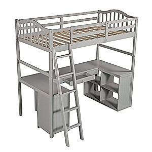 MegaChunk Twin Size Loft Bed with Drawers, Cabinet, Shelves and Desk, Wooden Loft Bed with Desk - Gray