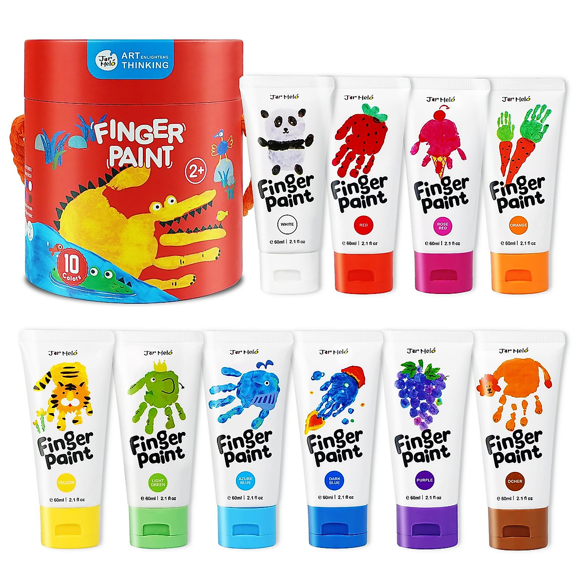 Jar Melo Washable Finger Paints for Toddlers, 10 Colors Large Capacity (2.1fl oz), Non Toxic Baby Paint for Hand and Feet, Safe Art Supplies, Preschool Learning Gifts for Kids Age 2+