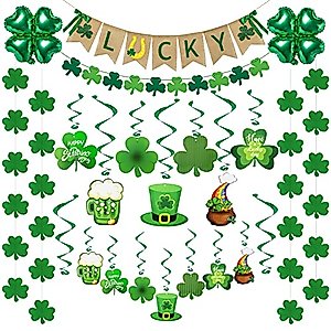 Amandir 38PCS St. Patrick's Day Decorations Set, 2 Lucky Shamrock Banners, 4 String of Shamrocks Garland, 16 St. Patrick's Hanging Swirls with Cutouts, Pre-assembled for Lucky Day Home Party Supplies
