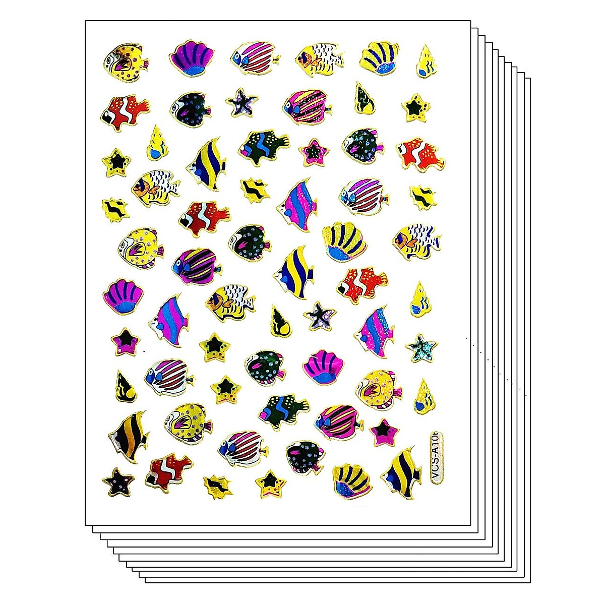Stickers Glitter Pack 10 Sheets Tropical Fish Seashell Animal Cartoon Stickers Label for Kids and Teachers Label Art Decal Craft Scrapbook Book Album Diary Card Birthday School Supplies (11)