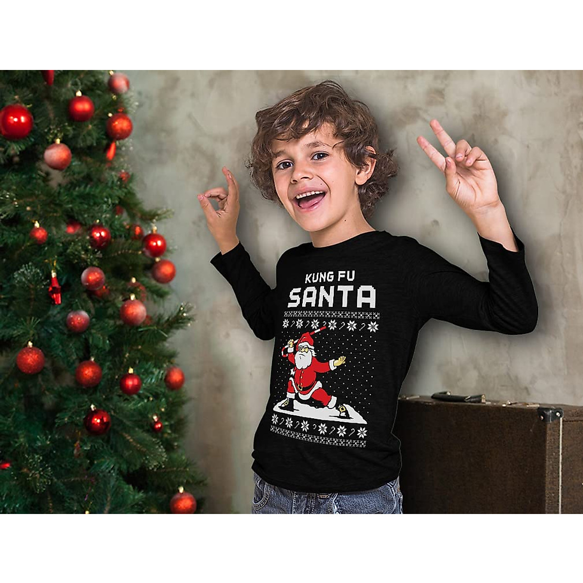 Kungfu Santa Claus Funny Youth Kids Ugly Christmas Shirt Tacky Sweater Style Xmas Holiday Long Sleeve T-Shirt Medium Black