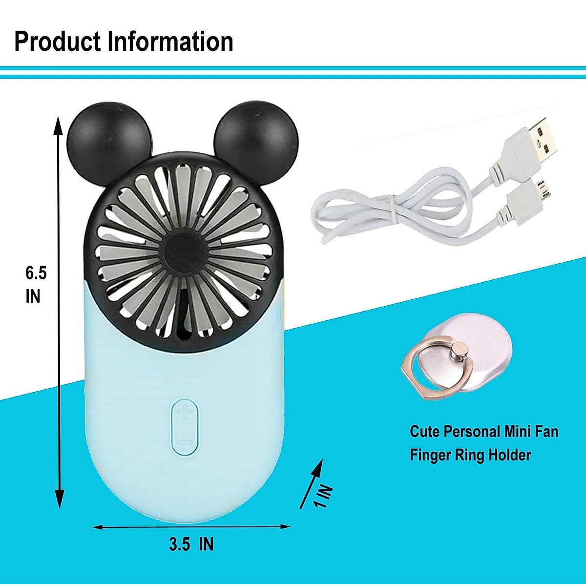 ZSHMJMJ Cute Personal Mini Fan(2 PACK), Mini Handheld Fan, USB Rechargeable Portable Fan with Stylish LED Light,3 Speed Adjustable,Cute Mouse,for Kids Girls Woman Home Office Outdoor Travel