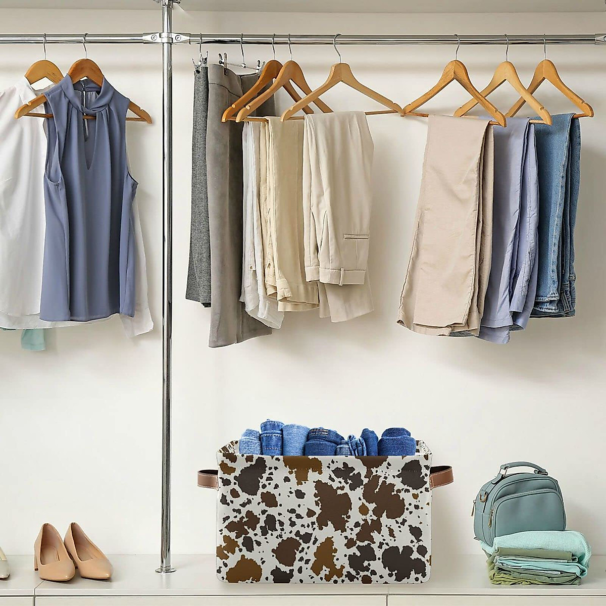 xigua Cow Print Storage Bin Collapsible Canvas Storage Basket Closet Organizer with Handles for Bedroom Nursery Shelves Laundry Room, 1 Pack