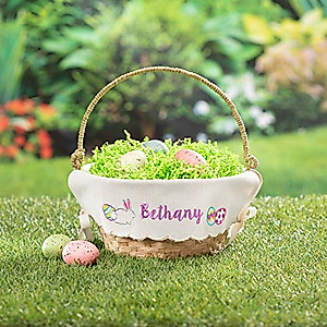 Bunny and Eggs Personalized Easter Egg Basket with Handle and Custom Name | Scallop Edge Linen Easter Basket Liners | Tan Basket | Woven Easter Baskets for Kids | Customized Easter Basket