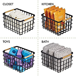 mDesign Metal Wire Closet Storage Basket Bin Organizer with Wood Handles for Bedroom, Bathroom, Mudroom, Entryway, Hallway, or Linen Closet Organization - Yami Collection - 4 Pack, Matte Black/Natural