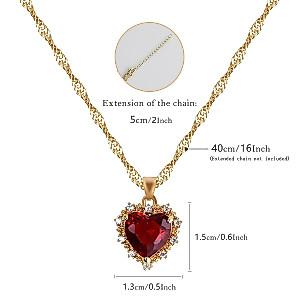 MISS RIGHT Crystal Love Heart Necklace for Women 14K Gold Plated with Birthstone Charm Pendants, Jewelry Gifts for Women, 16"+2" (Gold Plated | Ruby Red)
