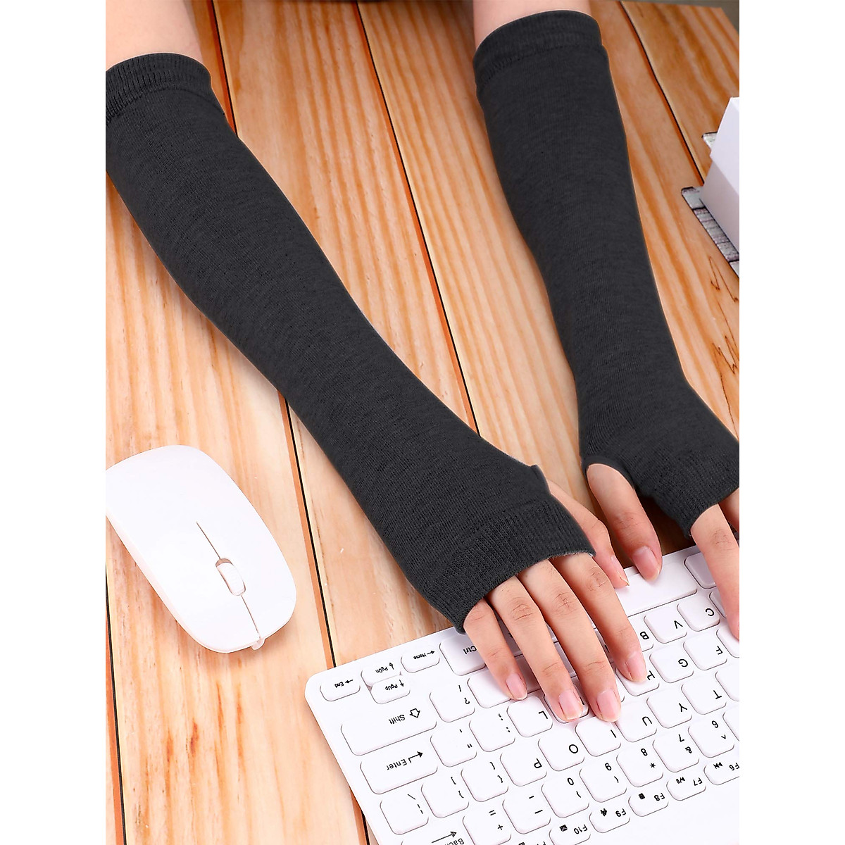 Bememo 4 Pairs Punk Gothic Long Fingerless Gloves Knitted Arm Warmer Elbow Length Gloves Thumb Hole Gloves (Dark Grey, Light Grey, Striped Color)