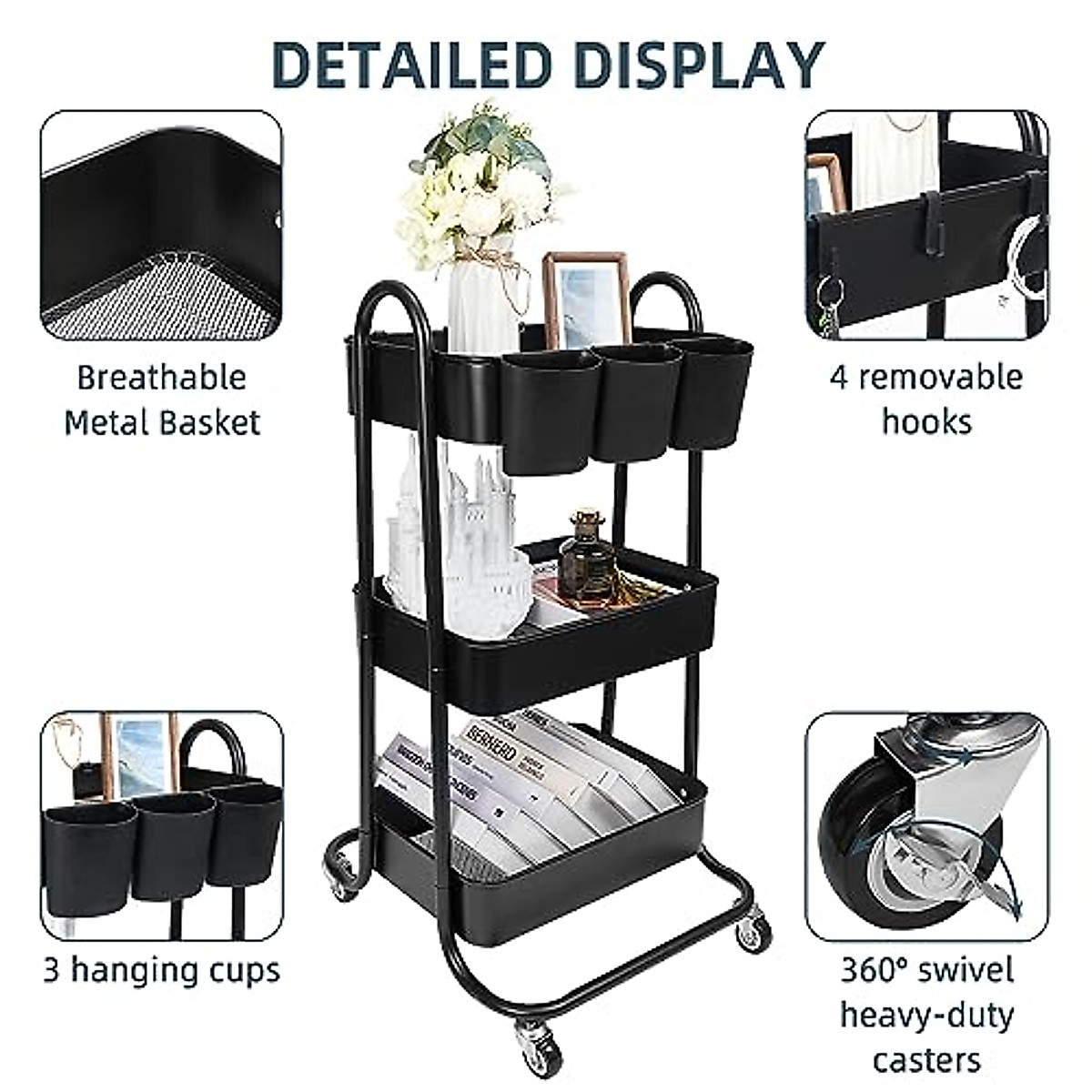 IAMFAN 3-Tier Metal Rolling Utility Cart,Storage Carts with Handle and Lockable Wheels,Art Cart Organizer,Craft Cart,Roller Cart for Office,Bedroom,Living Room,Kitchen,Bathroom,Black