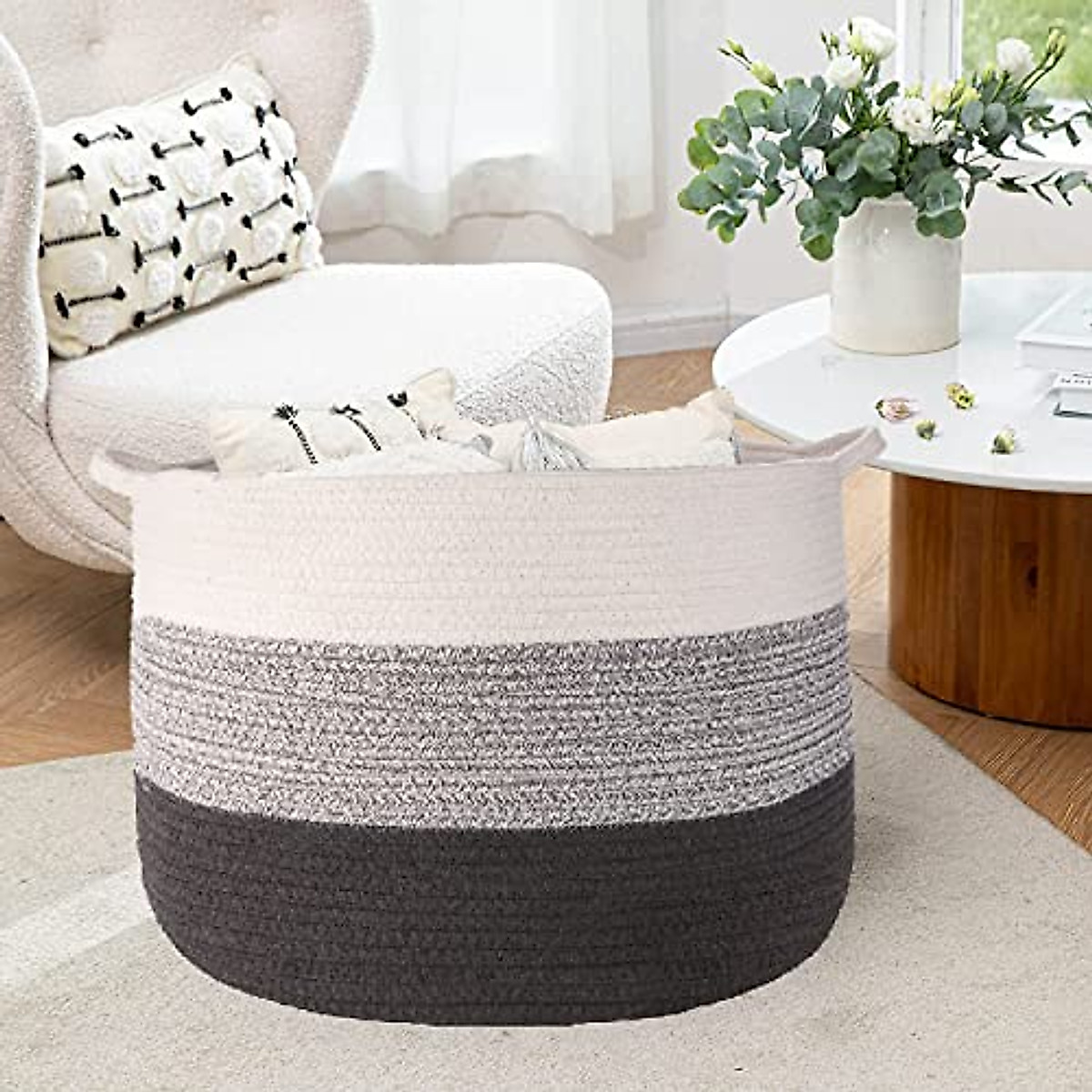 Blanket Basket for Living Room Large Cotton Rope Basket 21.7" x 21.7" x 13.8" Woven Laundry Basket Toy Storage Bins White Grey Black