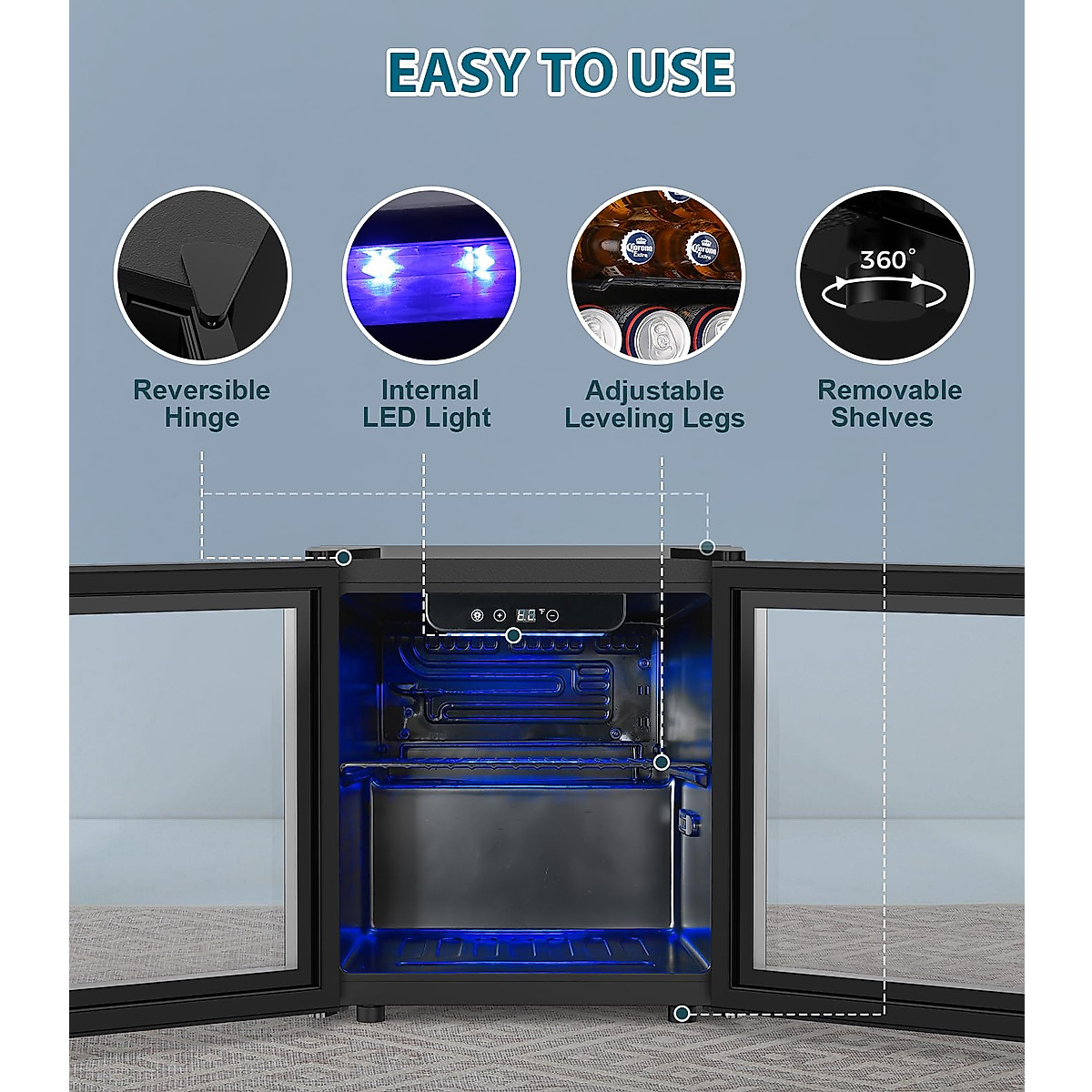 Electactic 50 Cans Beverage Refrigerator Cooler, 1.3 Cu.ft Mini Fridge Countertop Drink Cooler with Glass Door for Beer, Soda,Wine, Adjustable Digital Temperature Control for Home Dorm Bar, Black