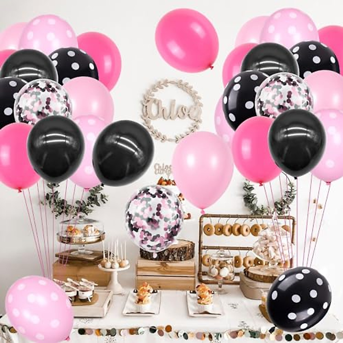 Black Pink Balloons, 60 Pack 12Inch Hot Pink Black White Party Balloons with Polka Dot balloon Confetti Balloons, Black Pink Latex Balloons for Girls Mouse Theme Birthday Party Baby Shower Decoration