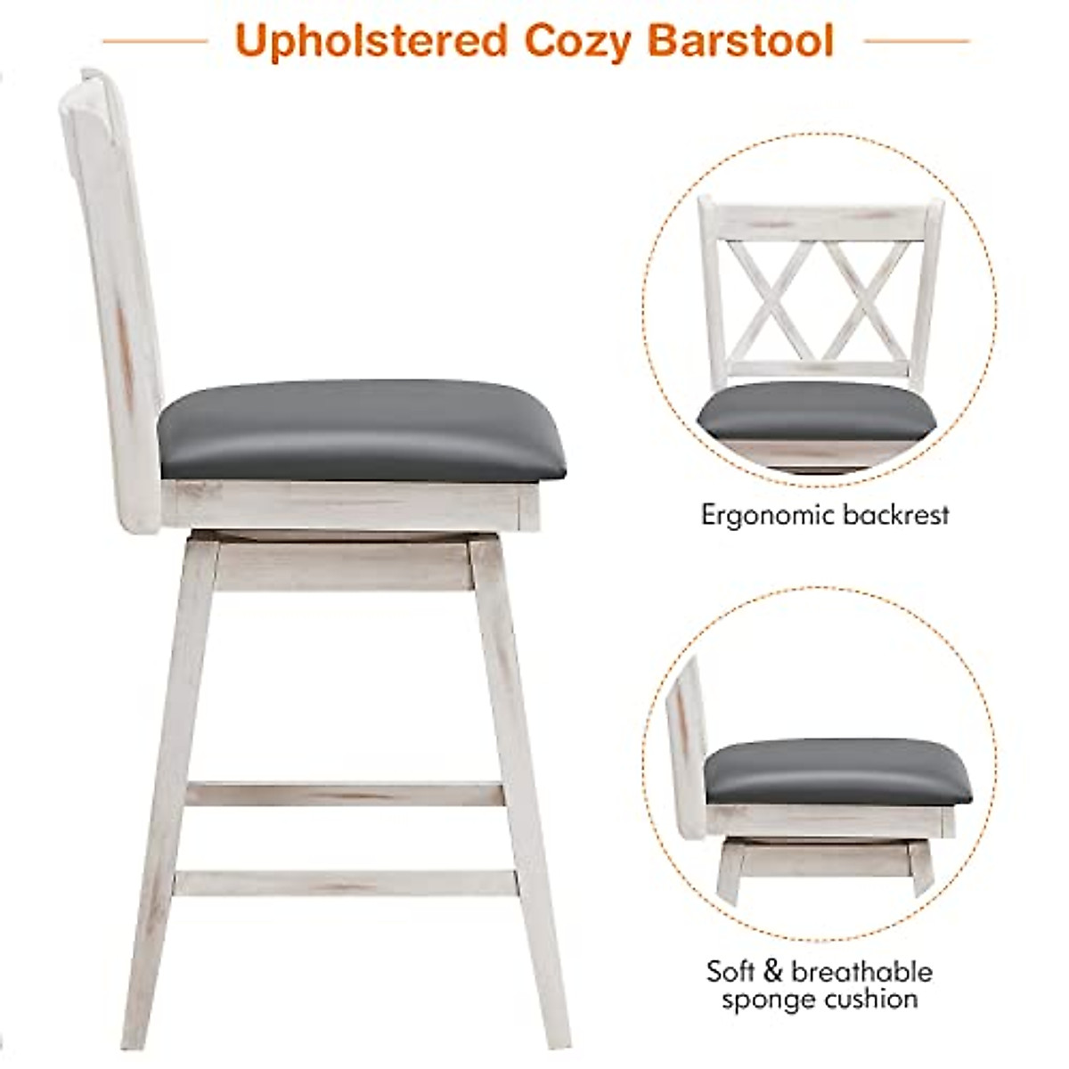 COSTWAY Bar Stool Set of 2, 360° Swivel Counter Height 25inch Bar Stool with Foot Rest Upholstered Cushion & Ergonomic Backrest, Sturdy Frame, for Pub, Restaurant, Home (2, Antique White + Grey)