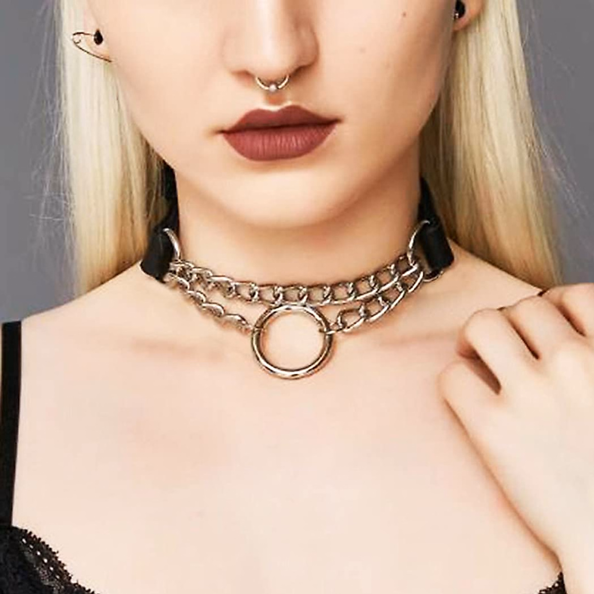 CLOACE Punk Gothic Choker Necklace Black Leather Chain Circle Necklaces Gothic Collar Chokers Rock O-Ring Wide Necklace Halloween Costume Jewelry Adjustable for Women