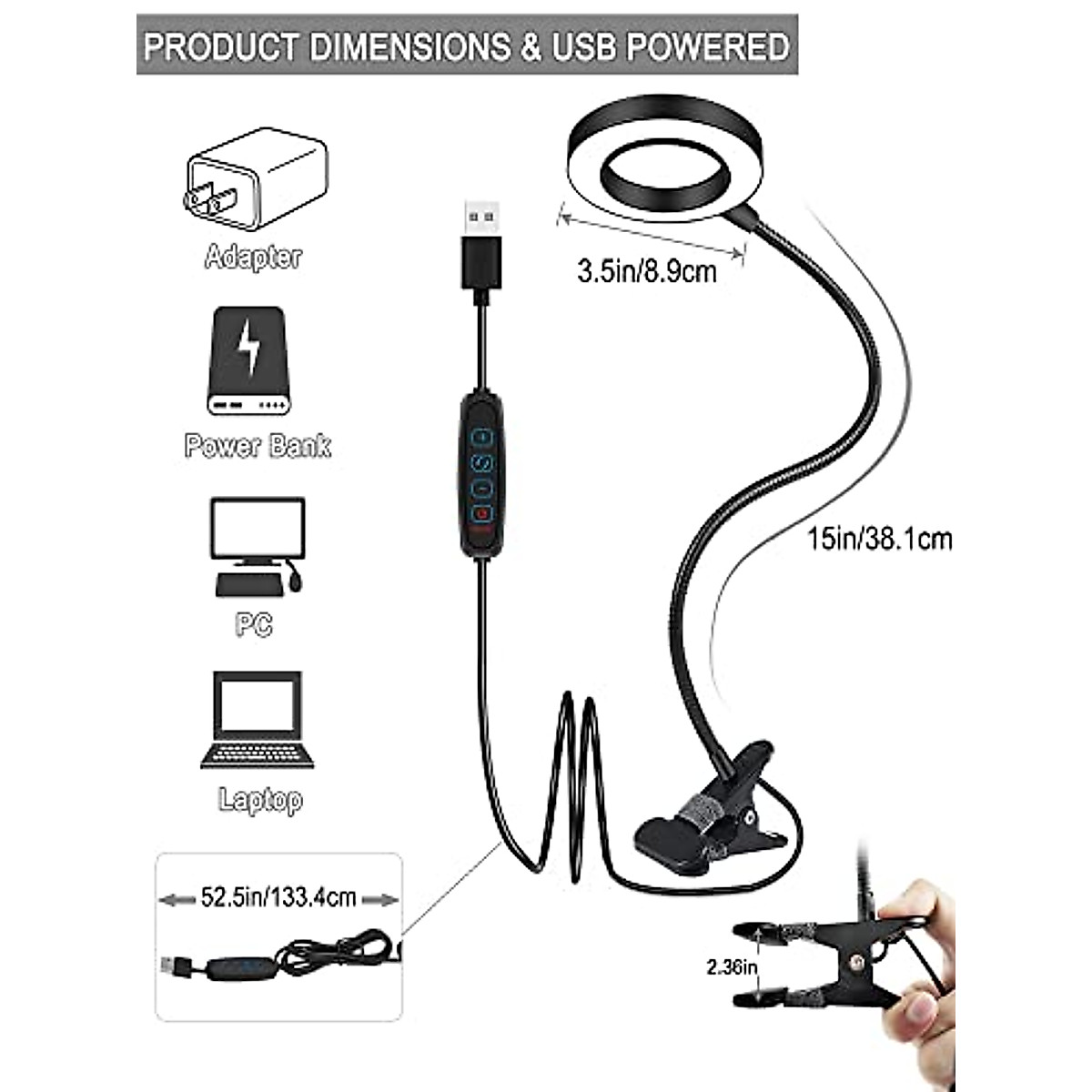 Clip on Light Reading Lamp, 48 LED Clamp Lamp with 3 Color Modes, 10 Dimmable Brightness, 360° Flexible Gooseneck Desk Lamp, Eye Protection Book Clamp Light for Video Conferencing Desk Bed Headboard