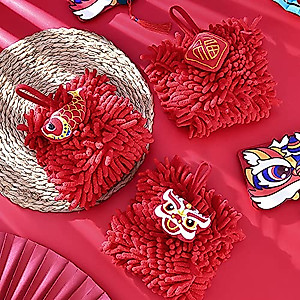 3 Pack Chenille Hanging Hand Towels Soft Absorbent Microfiber Hand Towels Plush Quick-Drying Cute Cartoon Chinese Red Hand Towel with Hanging Loops for Bathroom Kitchen(Lion+Koi+Blessing)