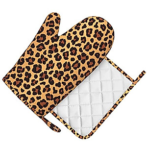 Leopard Pattern Silicone Oven Mitts Pot Holder Sets 2pcs Cute Design Washable Non Slip Kitchen Heat Resistant Mat Women's Cooking Gloves for Baking and BBQ Wear