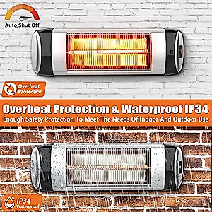PATIOBOSS Electric Patio Heater, 1500W Wall-Mounted Outdoor Infrared Heat Lamp w/ Remote Control, Quiet for Indoor/Outdoor Use w/ 3 Heating Levels, LED Display, 24H Timer, Waterproof IP34