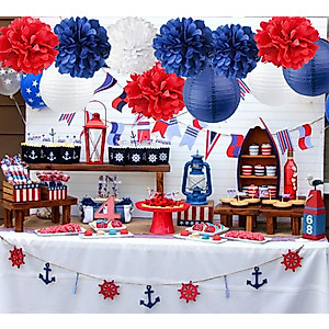 Nautical Party Decor Pom Poms Tissue Paper Lanterns Navy Blue Decorations for Baby Shower Boy Scout Banquet Birthday Party Nursery Decorations Bridal Shower Wedding Party Decorations