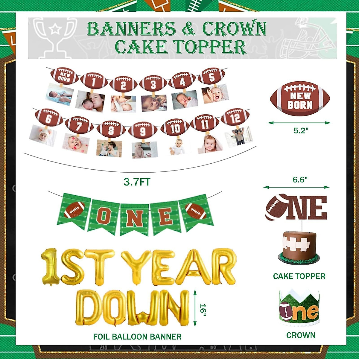 Fiesec First Year Down Football Birthday Party Decorations, Football Touchdown 1st Birthday Decorations Balloon Garland Backdrop Photo Highchair Banner Cake Topper Box Cutout Crown Poster 136 PCs