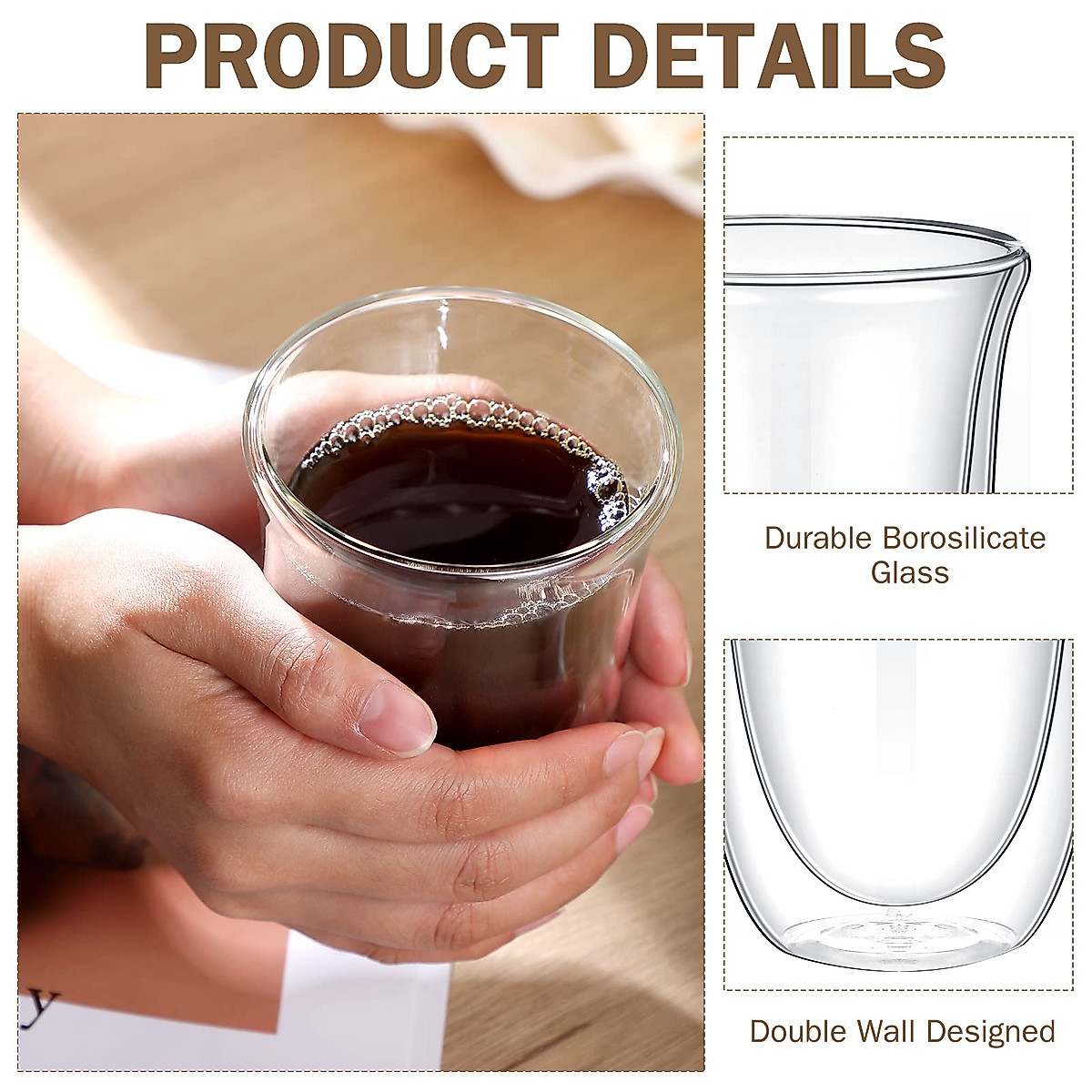 8 Pack 10 oz Double Walled Coffee Mugs Glass Espresso Cups without Handle Clear Thermo Insulated Demitasse Cups for Cappuccino Tea Latte Beverages