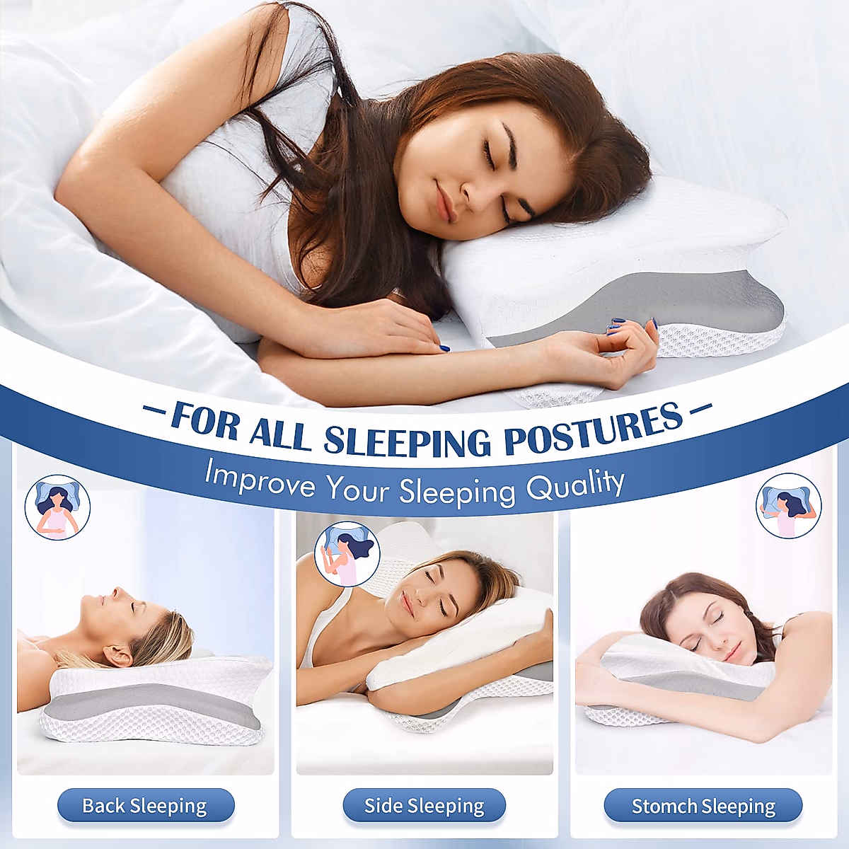 Cervical Pillow for Neck Pain Relief, Contour Memory Foam Pillows for Sleeping, Ergonomic Orthopedic Neck Support Pillow for Side, Back, Stomach Sleepers, Neck Pillow with Breathable Pillowcase, Gray