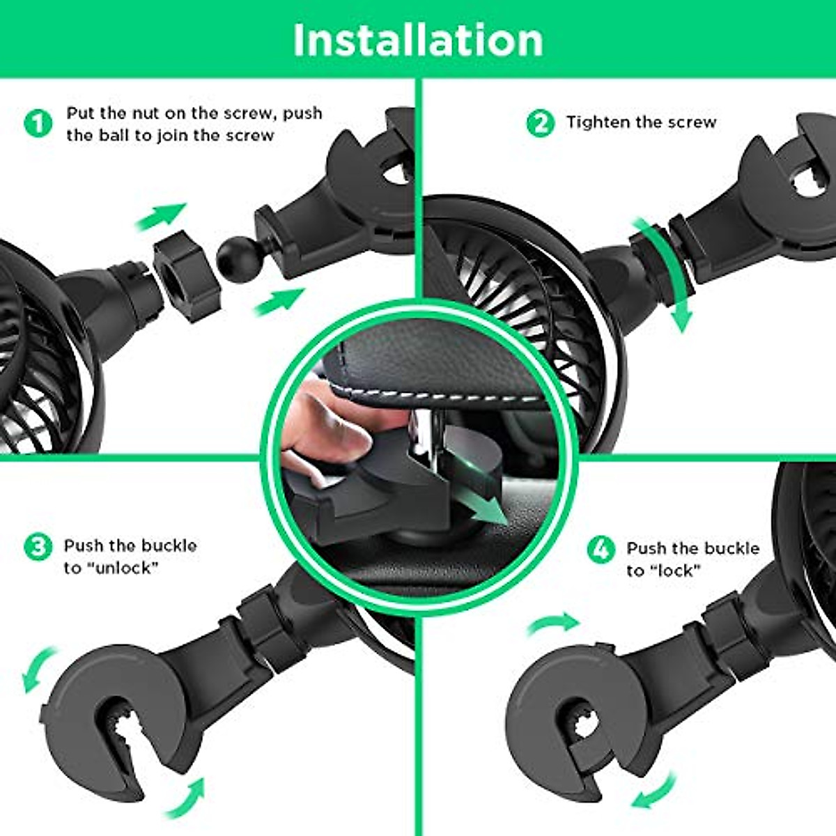 LEMOISTAR Car Fan, USB Powered Car Circulator Fan with Multi-Directional Hook, 4 Speed, 360° Rotatable Personal Cooling Vehicle Fan for Car, Rear and Back Seat Passenger Pet