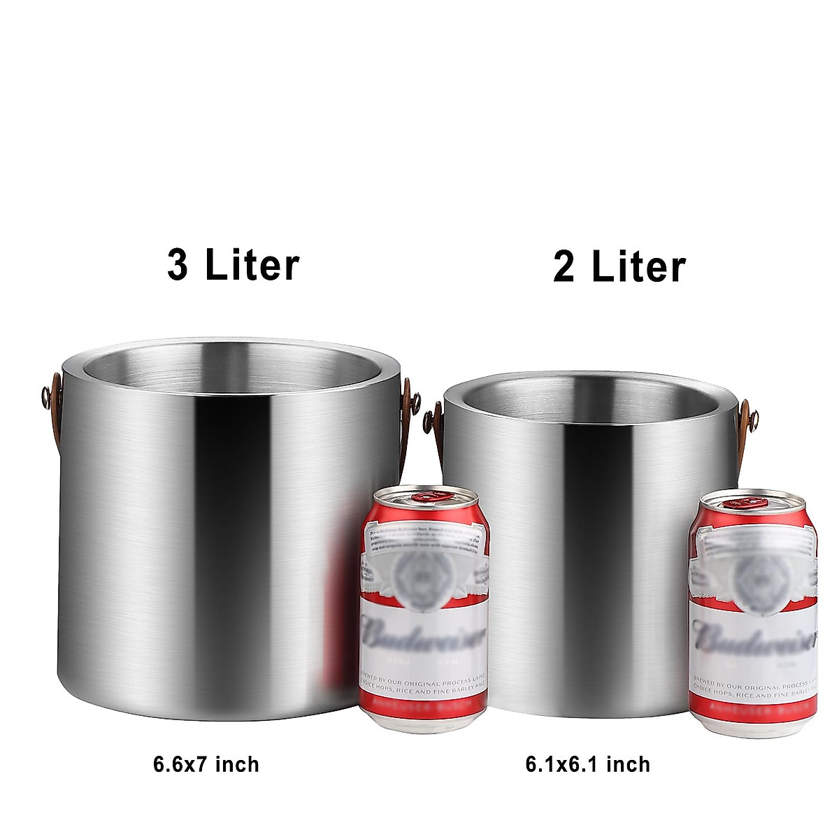 Bakpoco Double-Wall Vacuum Insulated Ice Bucket with Lid, Scoop, Ice Tong, Strainer & Leather Handle Keep Ice Frozen Longer Large Wine Ice Buckets for Cocktail Bar,Parties Chilling Beer Champagne 3L
