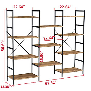 LIFUSTTG Triple Wide 4 Tier Bookshelf, Large Etagere Bookshelves and Bookcase Wood Metal, Industrial Book Shelf Open Display Storage Shelves for Living Room/Home Office