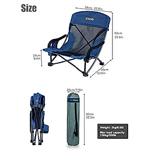 iClimb Low Wide Beach Camping Folding Chair with Side Pocket and Carry Bag (1, Navy)