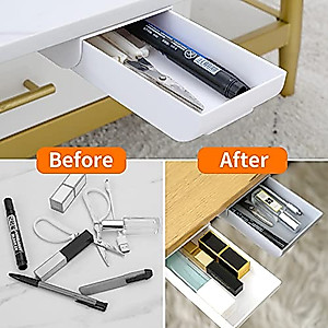 (2 Pack) Under Desk Drawer, Premium Under Desk Storage, Hidden Under Desk Storage Drawers, Desk Drawers with Self-Adhesive Glue, Suitable for Office, Home-use, School (White/Gray)