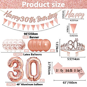 Rose Gold 30th Birthday Decorations for Girls Rose Gold 30th Birthday Banner 30th Birthday Sash 30th Tiara 40 Inch NO. 30 Rose Gold Foil Balloons Rose Gold Confetti Balloons 30th Rose Gold Party Set