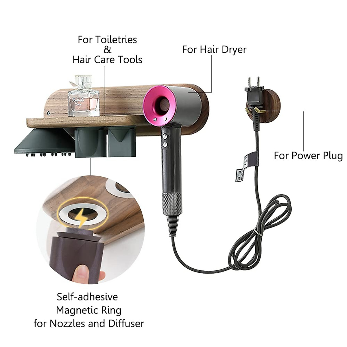 Wood Wall Mount Hair Dryer Holder for Dyson Supersonic, Walnut Bathroom Rack Magnetic Wall Bracket for Dyson Hair Dryer Power Plug, Diffuser and Nozzles Storage Organizer