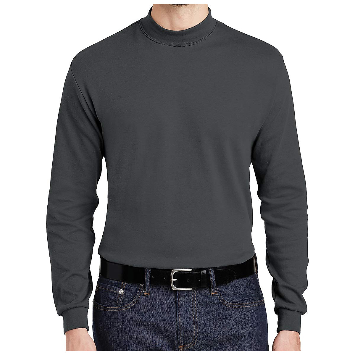 A&E Designs Upscale Men's Long Sleeve 100% Cotton Interlock Knit Mock Turtleneck Shirt - Steel Grey, Small
