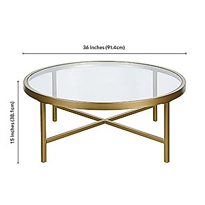 Henn&Hart 36" Wide Round Coffee Table with Glass Top in Brass, Modern coffee tables for living room, studio apartment essentials