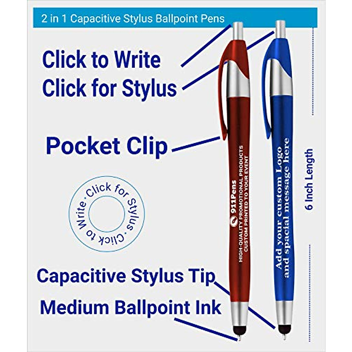 Personalized Writing Ink Ballpoint Novelty Pens, Custom Printed with Your Logo & Text"Click to Write - Click for Stylus Tip!" Works with Android, iPhone, iPads (Pack of 70 Pens - Green Barrels)
