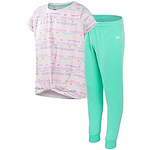 New Balance Girls' Jogger Set - Short Sleeve Performance T-Shirt and Sweatpants (7-16), Size 7-8, White Mint