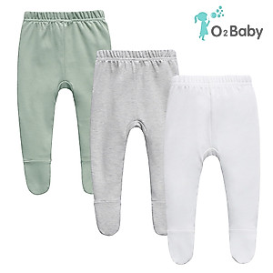 O2 BABY Organic Cotton Unisex Baby Jogger Pants, 3-Pack Pull-on Bottoms, Newborn Leggings (Newborn, Grey/White/Green)
