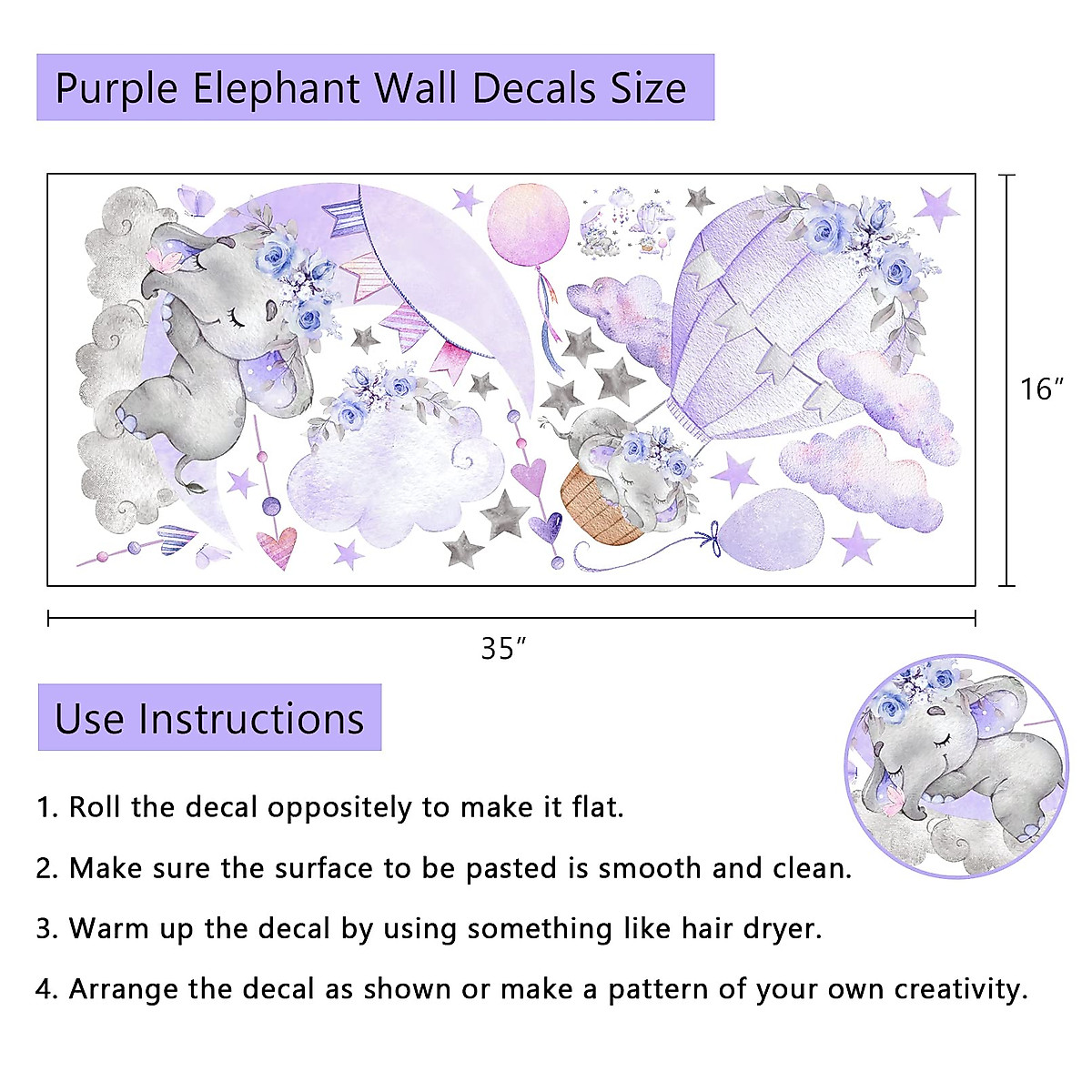 Yovkky Girls Purple Elephant Wall Decals Stickers, Moon Cloud Hot Air Balloon Flower Grey Stars Nursery Decor, Baby Shower Bedroom Decorations Toddler Kids Room Art Party Supply Gift