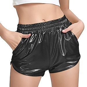Women's Yoga Hot Shorts Elastic Waist Shiny Metallic Pants (Black, M)