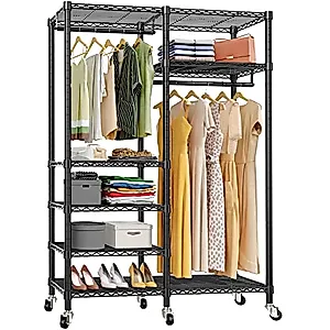 VIPEK R4 Rolling Garment Rack 6 Tiers Adjustable Heavy Duty Wire Shelving Clothes Rack with Double Rods and Lockable Wheels, Freestanding Wardrobe Closet Storage Rack Metal Clothing Rack, Black